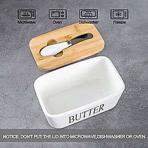 Hasense Porcelain Butter Dish with Bamboo Lid - Covered Butter Dish with Butter Knife for Countertop, Airtight Butter Container with Cover Perfect for East West Coast Butter, White