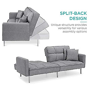 Best Choice Products Convertible Linen Fabric Tufted Split-Back Plush Futon Sofa Furniture for Living Room, Apartment, Bonus Room, Overnight Guests w/ 2 Pillows, Wood Frame, Metal Legs - Dark Gray
