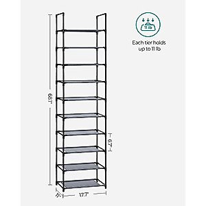 SONGMICS Shoe Rack, 10 Tier Shoe Shelf, Shoe Storage Organizer, Space-Saving, 11 x 17.7 x 68.1 Inches, Metal Frame, Non-Woven Fabric Shelves, for Entryway, Bedroom, Grey ULSH010G01