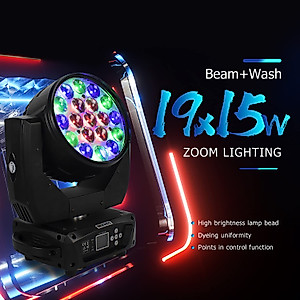SHEHDS Moving Head Light LED 19x15W RGBW 4in1 Beam/Wash/Zoom Effect Stage Lights Professional DMX512 & Sound Activated Control DJ Lights for Party Wedding Disco and Nightclub - 1 Pack