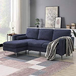 Myshle L-Shaped Sectional Sofa Reversible Chaise Lounge, 3-Seat Convertible Couch w/ 2 Pillows and Metal Legs, 86 inch, Perfect for Living Room, Apartment, Small Space, Blue