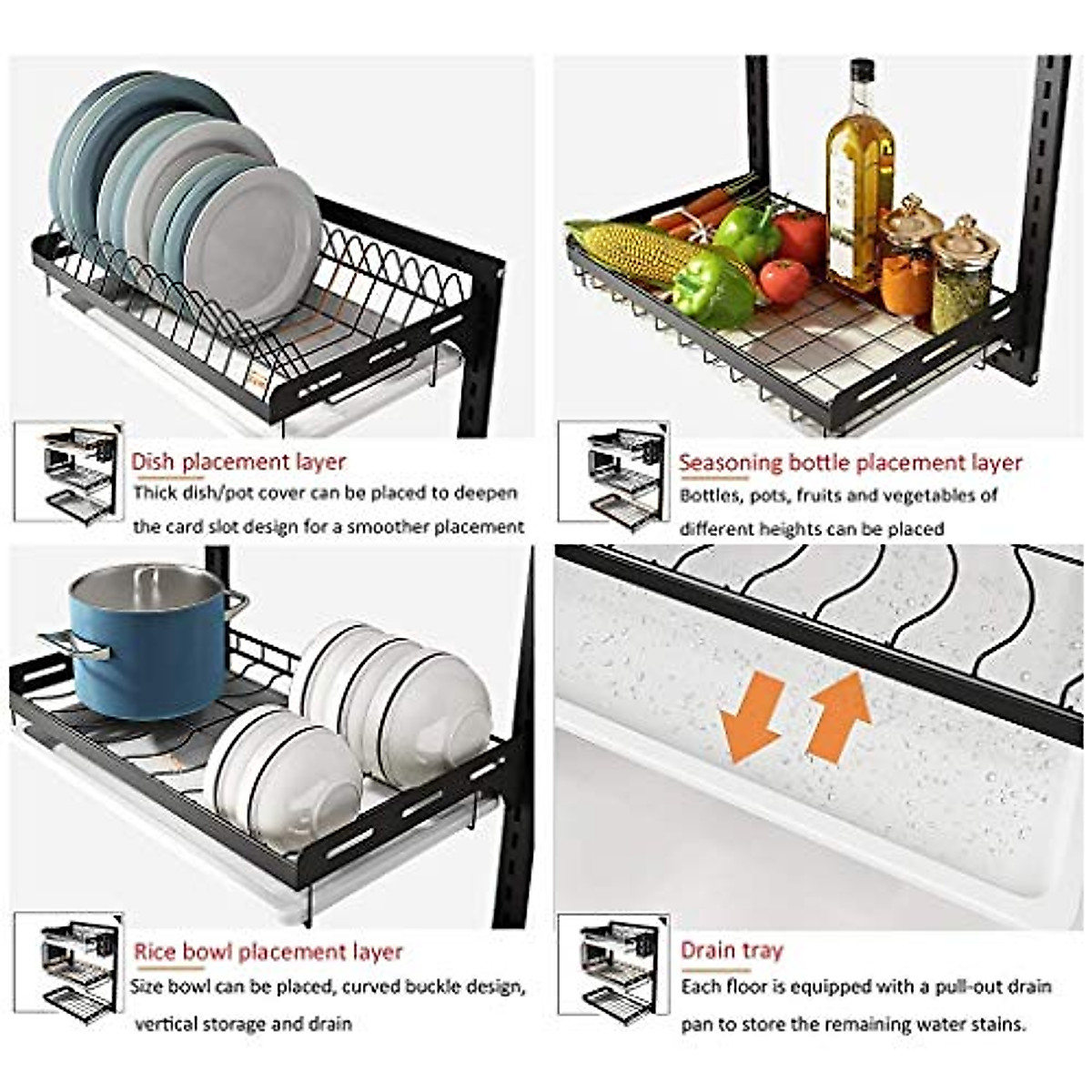 FEHUN Sinks,3-Layer 201 Stainless Steel Kitchen Wall-Mounted Dish Rack Drain Rack with Chopsticks Cage,Kitchen Cutting Board Rack