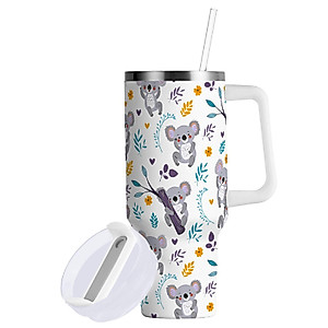 Emelivor Cute Koalas Leaves 40 oz Tumbler with Lid and Straw Insulated Tumblers with Handle Leak Proof Travel Coffee Mug Water Cup Bottles for Hot or Ice Coffee Tea