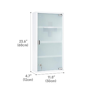 Mount Brook Locking Medicine Cabinet - Wall Mountable Medicine Cabinet with Lock, White Metal Cabinet, Frosted Glass Door with First Aid Cross Sign, 4 Shelves, Magnetic Catch