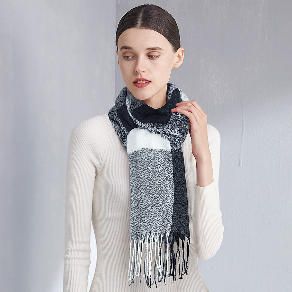 Loritta Womens Scarf Fashion Long Plaid Shawls Wraps Big Grid Winter Warm Lattice Large Scarves Gifts, Dark Grey White Lattice