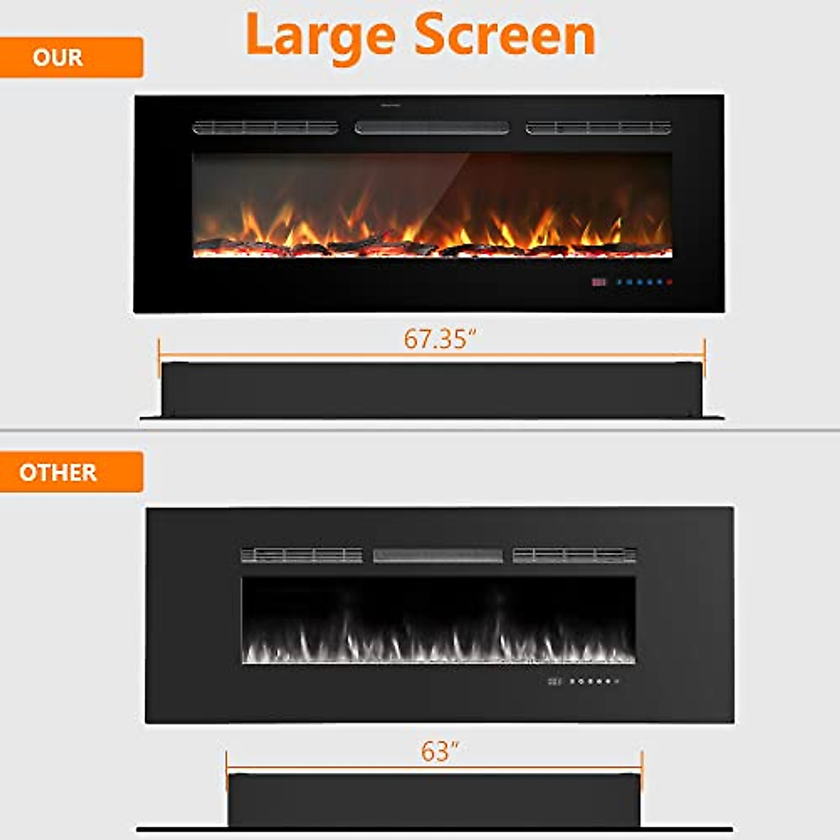 Kentsky 72 inches Electric Fireplace Inserts, Recessed and Wall Mounted Fireplace Heater, Large Screen w/Thermostat, Remote & Touch Screen, Multicolor Flame, Timer, Logs & Crystal, 750W/1500W