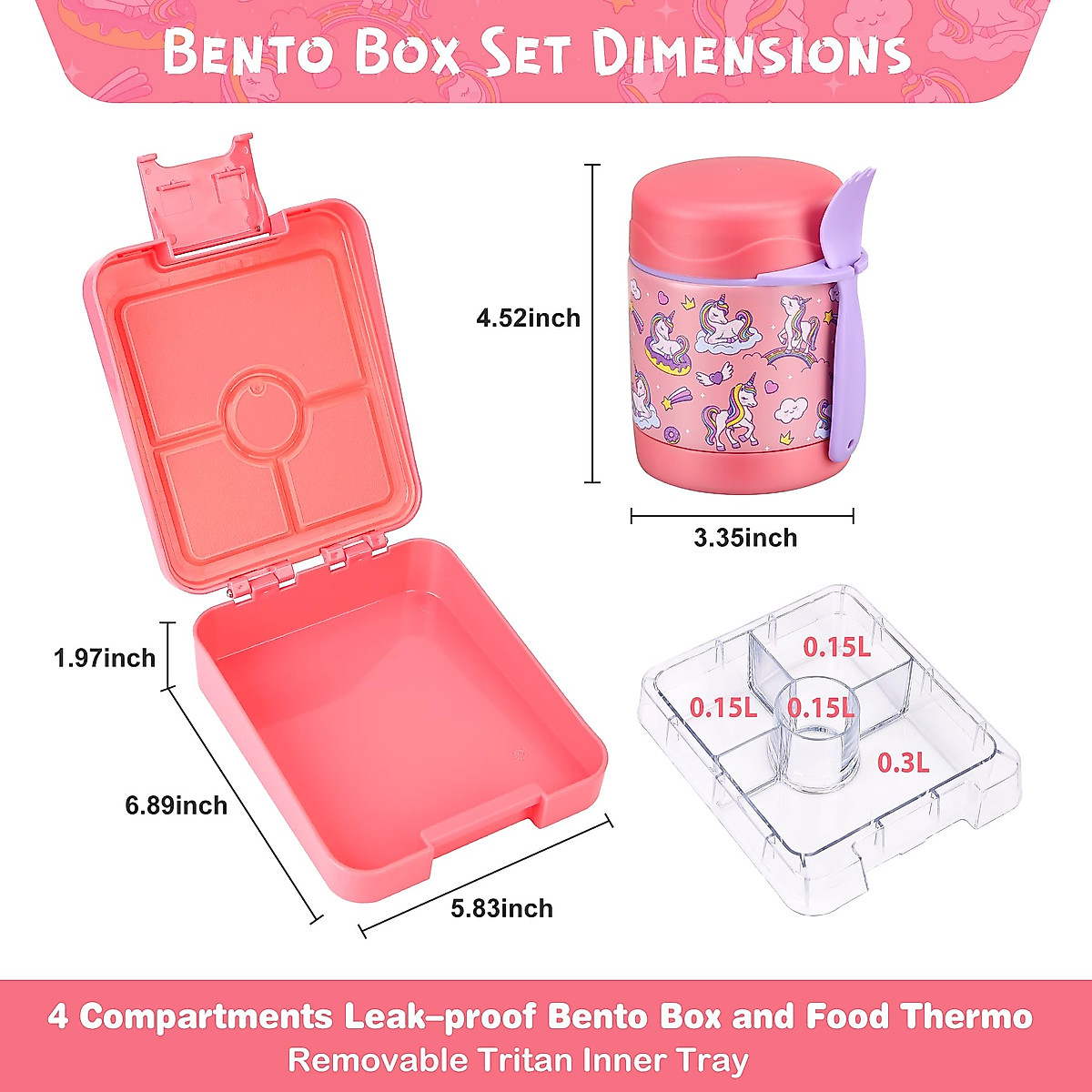 Pawtong Bento Lunch Box Set With 10oz Soup Thermo, Leak-proof Lunch Containers with 4 Compartment, Kids Hot Thermo Food Jar/Insulation Lunch Bag, Food Containers for School