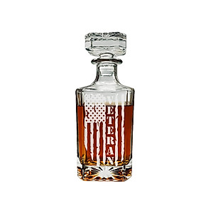 Veteran American Tattered Flag USA Patriotic Whiskey Decanter With Glass Stopper Custom Gift For Men Dad Veteran Father's Day