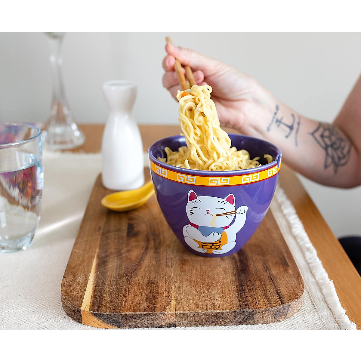 Boom Trendz Bowl Bop Purple Lucky Cat Japanese Ceramic Dinnerware Set | Includes 16-Ounce Ramen and Wooden Chopsticks Asian Food Dish for Home Kitchen Kawaii Anime Gifts, Maneki Neko Collectible
