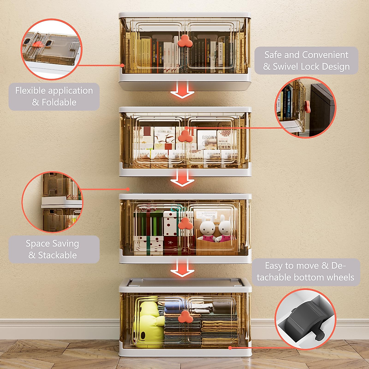 27Gal Storage Bins with Lids-4Pack Convenient Front Door Access, Wheels, Clear Design, Collapsible, Stackable, and Durable Plastic - Ideal for Closet,Organizing Toys, Dorms, Cars, and Bedrooms…