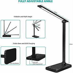 WEIDUOYI LED Desk Lamp Dimmable Home Office Lamp with USB Charging Port Reading Light Table Desk Lamps, Eye-Caring Table Lamp 45mins Timer Desk Light for Working and Reading Black
