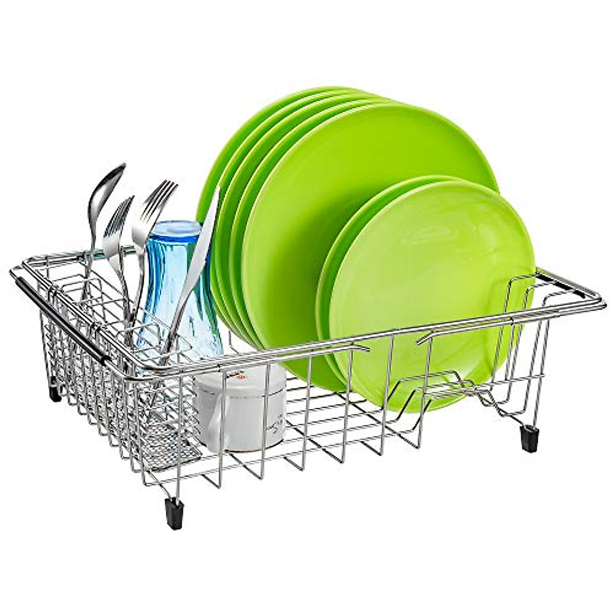 blitzlabs Expandable Dish Rack, Deep Large Dish Drying Rack with 4 Division Utensil Silverware Cutlery Holder, Dish Drainer Shelf Dish Rack in Sink On Counter, Rustproof Stainless Steel