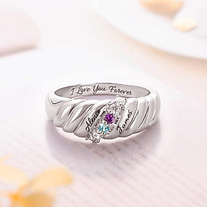 AILIN Custom Dome Chunky Birthstone Rings 925 Sterling Silver Personalized Inside Engraving Birthstone Name Rings Wedding Engagement Mothers Day Birthday Jewelry Gifts For Women Grandma Daughter