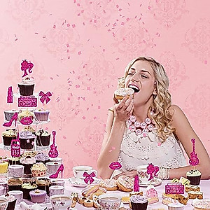 Ufocusmi 24 Pack Princess Party Cupcake Toppers, Glitter Pink Girls Theme Party Decorations, Princess Birthday Cake Topper Bachelorette Party Supplies
