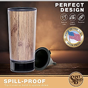 Wood Grain by Spit Bud - The Ultimate Spittoon for Chew - Portable Dip & Snuff Cup with Lid, Pop Tab, Spill-Proof Funnel, Can Cutter & Holder - Fit in Cup Holders - Holds 8oz - Made in USA