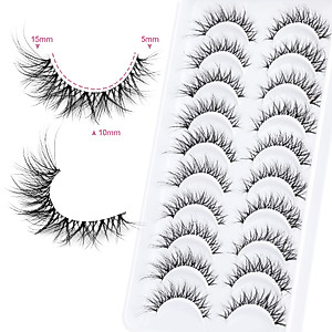 Lashes Natural Look Wispy Eyelashes Clear Band Lashes Cluster Short Mink Fluffy Fox Eye 15mm Lash Extensions Cat Eye False Eyelashes Pack, 10 Pairs, Not Fall Apart