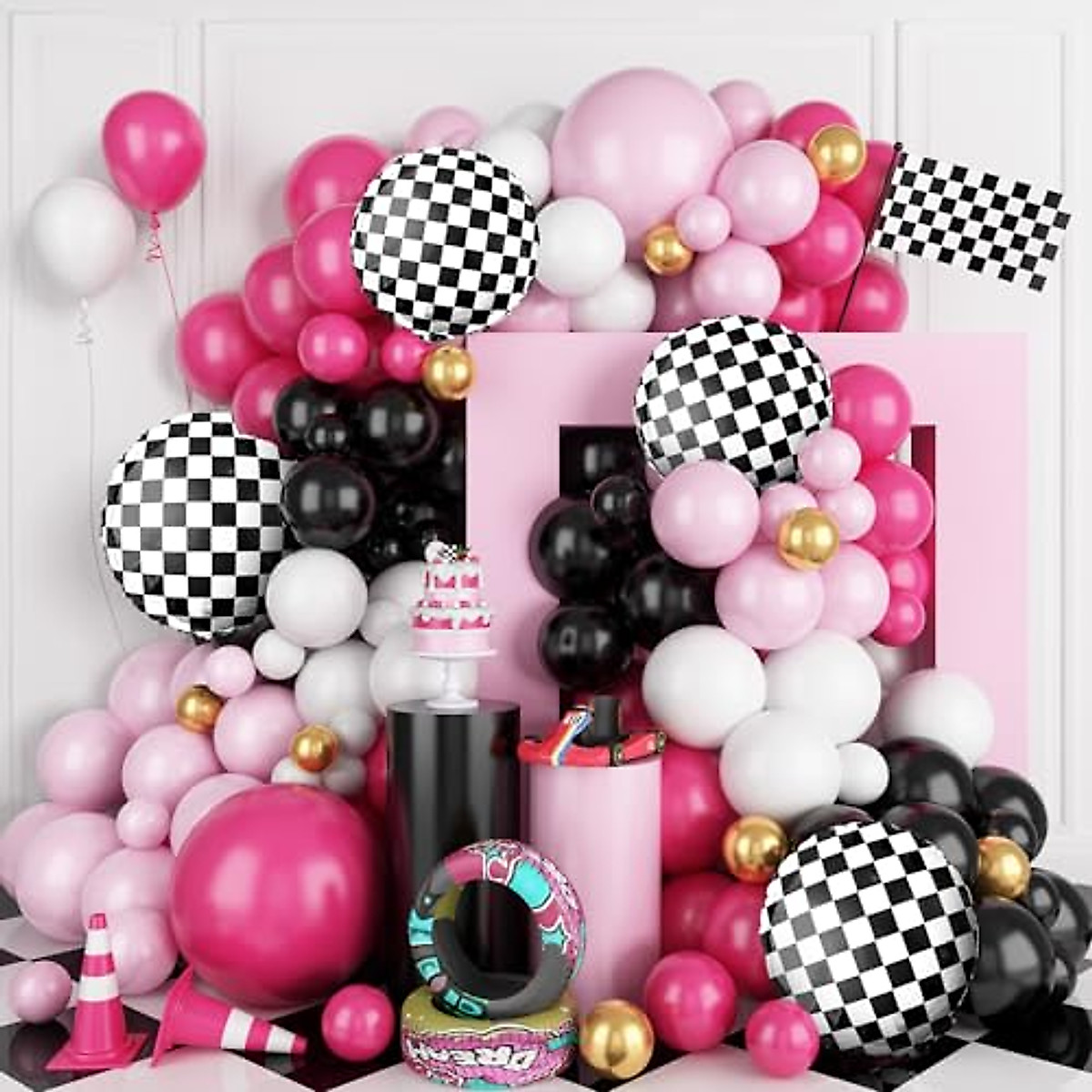 FunHot Pink Race Car Balloon Arch Garland Kit, Hot Pink Black Balloons Arch with Black and White Plaid Foil Balloons for Kids Girls Racing Car Theme Birthday Baby Shower Party Decorations