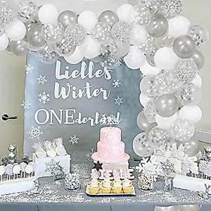 White Silver Snowflake Balloons Garland Arch Kit, Silver Snowflake Confetti Balloons Arch Winter Wonderland Party Decorations for Winter Baby Shower Birthday Baby Its Cold Outside Decorations