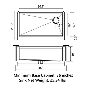 Sinber 33" x 20" x 10" Farmhouse Apron Single Bowl Workstation Kitchen Sink with 16 Gauge 304 Stainless Steel Satin Finish 6 Accessories KSS0005S-OK