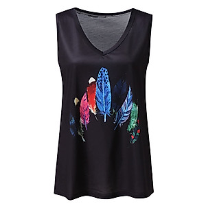 Aniywn Women V-Neck Tank Tops Casual Feather Print Sleeveless Workout Athletic Tee Shirt Gym Yoga Running Tops Blouse Black