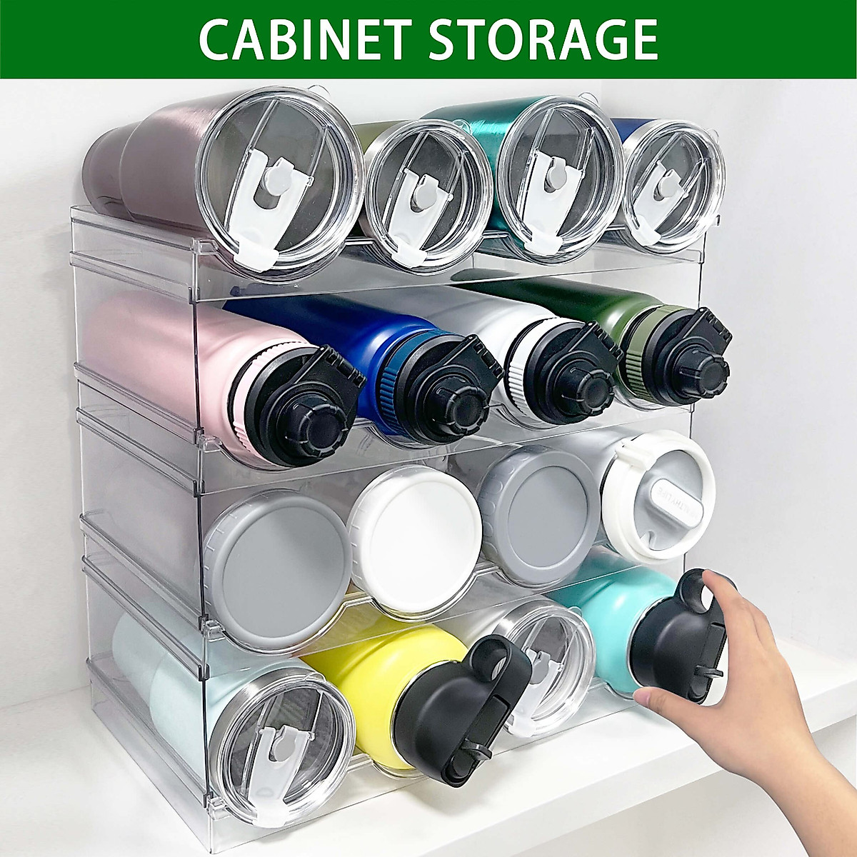 Spaclear 4 Pack Water Bottle Organizer, Stackable Kitchen Home Pantry Organization and Storage Shelf, Plastic Water Bottle Holder for Fridge Cabinet Organizer and Storage, Tumbler Mug Cup Organizer