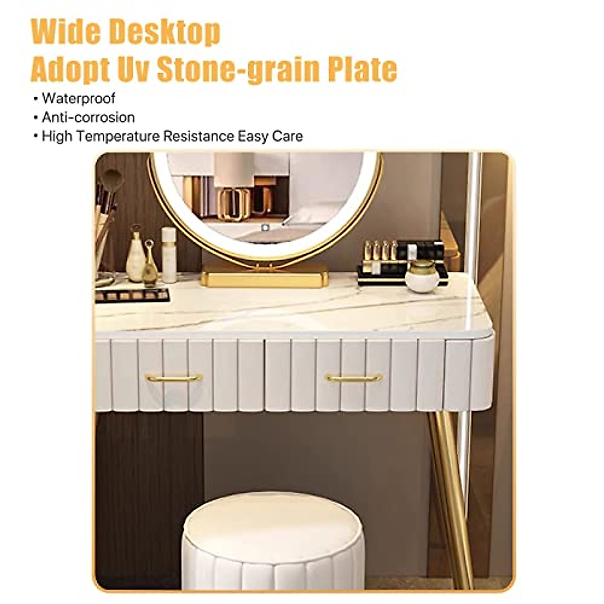 Large Vanity Desk With Round Mirror And Lights Makeup Table With 2 Drawers Dressing Table For Bedroom Golden Metal Legs Make Up Tables For Women Makeup Vanity Desk Set With Vanity Chair ( Color : Whit