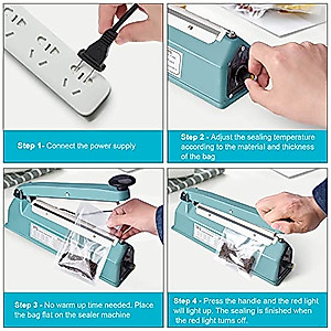 Suteck 8 inch Impulse Bag Sealer, Manual Poly Bag Sealing Machine w/Adjustable Timer Heat Seal with 50Pcs 4X6 Inch Shrink Wrap Bag and 2 Free Replacement Kit