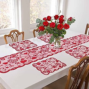 Valentines Day Decorations Table Runner with 4 Placemats, 13 x 72 Inch Red Rose Romantic Lace Table Mats Set for Valentine's Day Wedding Anniversary Party Supplies Home Table Dinner Decor