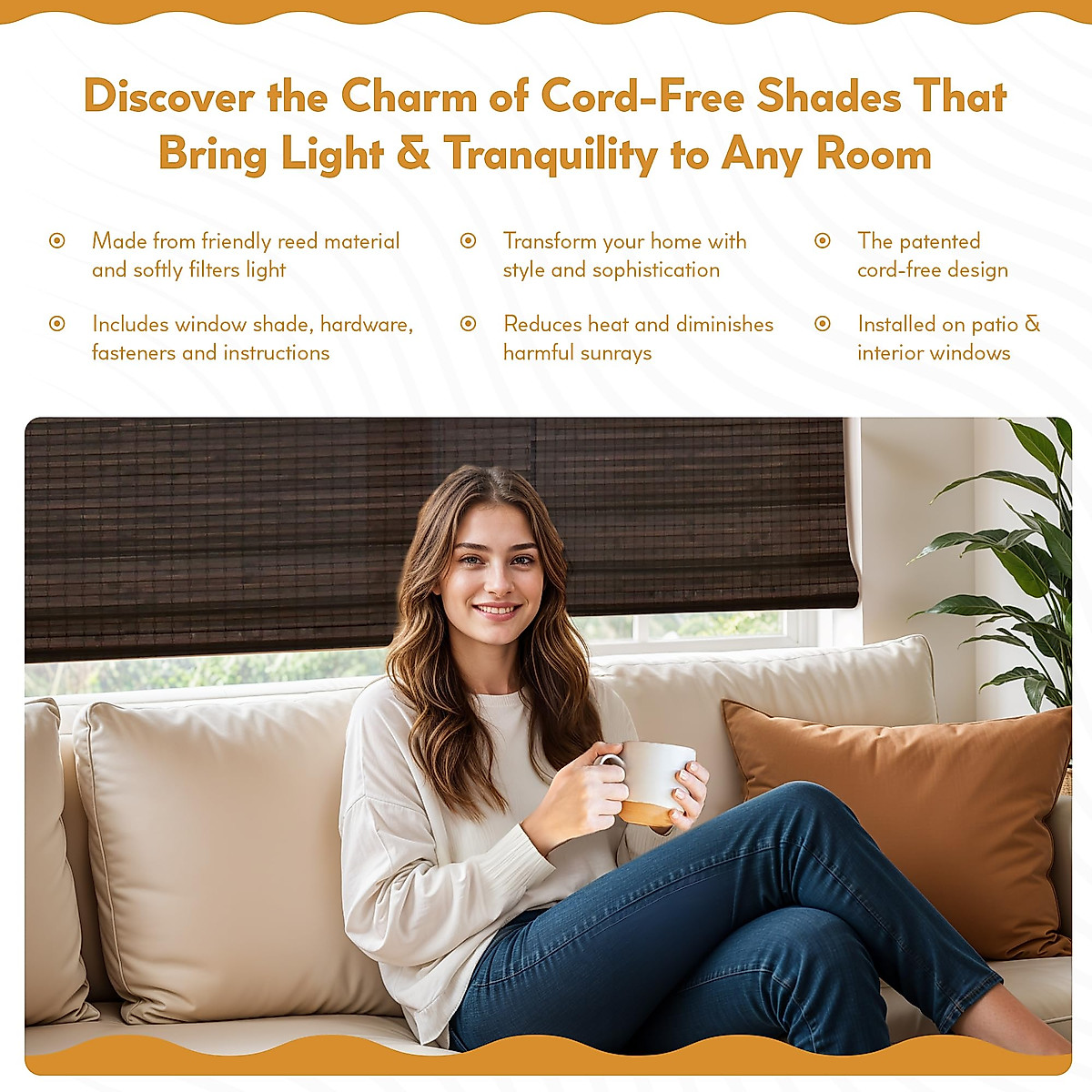 RADIANCE 2208824E Cordless Bamboo Roman Shade Espresso 23" W X 64" L