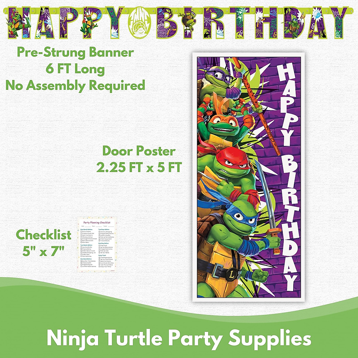 Ninja Turtle Party Decorations - 16 Guests - Ninja Turtle Plates and Napkins, Tablecloth, Banner, Teenage Mutant Ninja Turtles Party Supplies, Checklist - TMNT Mutant Mayhem Movie