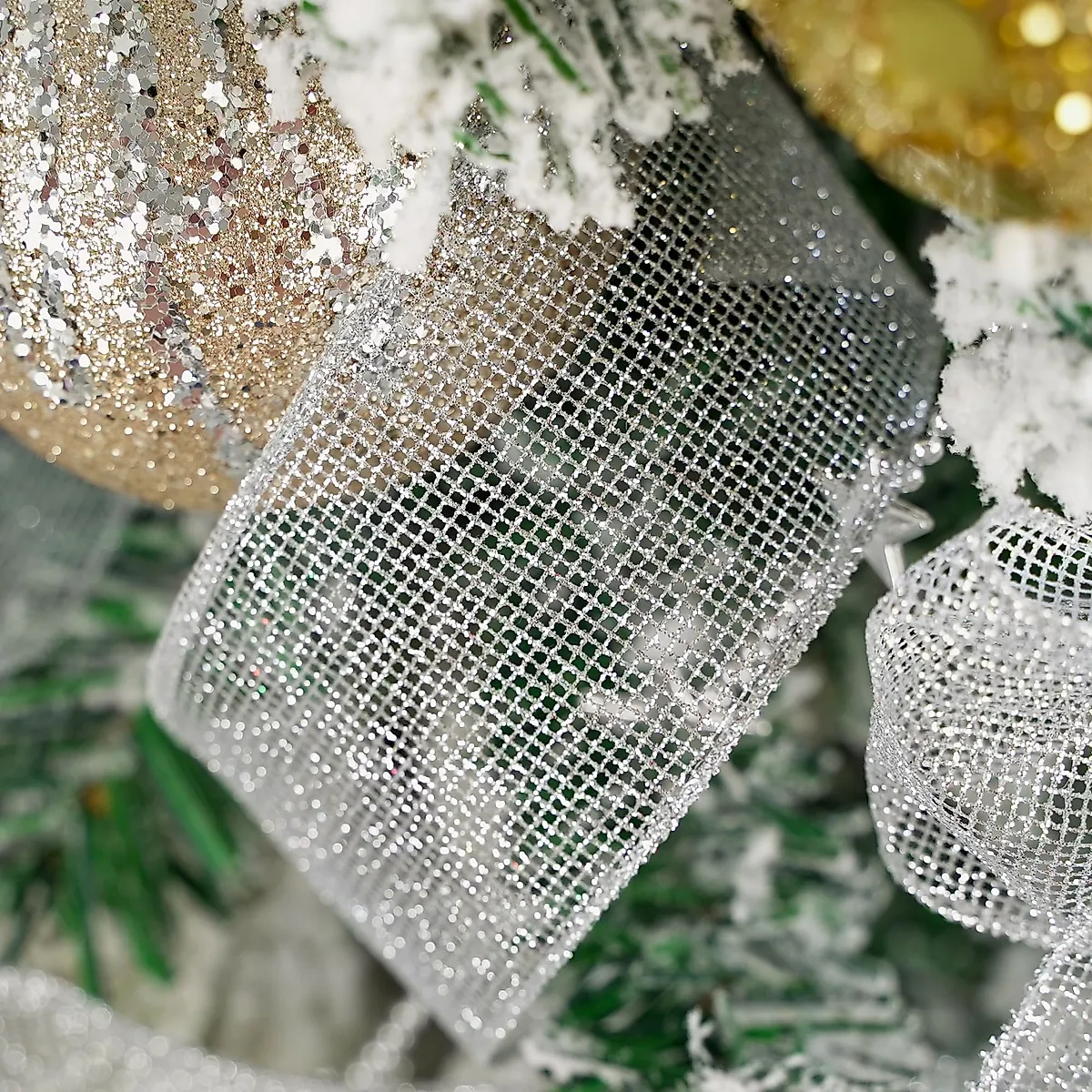 AIMUDI Silver Christmas Ribbon Wired 2.5 Inch Silver Wired Ribbon for Halloween Silver Glitter Mesh Wired Ribbon for Wreaths, Gift Wrapping, Thanksgiving, Holiday Crafts, Topper Bow - 25 Yards