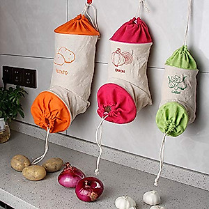 Set of 3 Reusable Hanging Vegetable Storage and Dispenser Bags, Dual Drawstring Closures, Potato Bag, Onion Bag, Garlic Bag