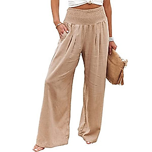 Hooever Women's Summer Linen Pants High Waisted Wide Leg Palazzo Pant Flowy Lounge Trousers (Khaki-S)