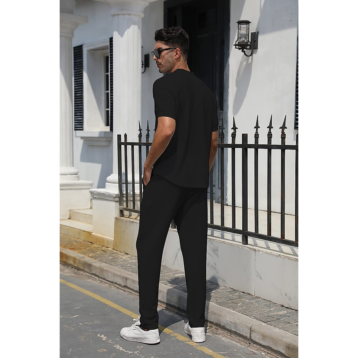 FZNHQL Men's Fashion Tracksuits 2 Piece Outfits Casual Polo Suit Athletic Running Jogging Track Suits for Men Workout Set Black XL