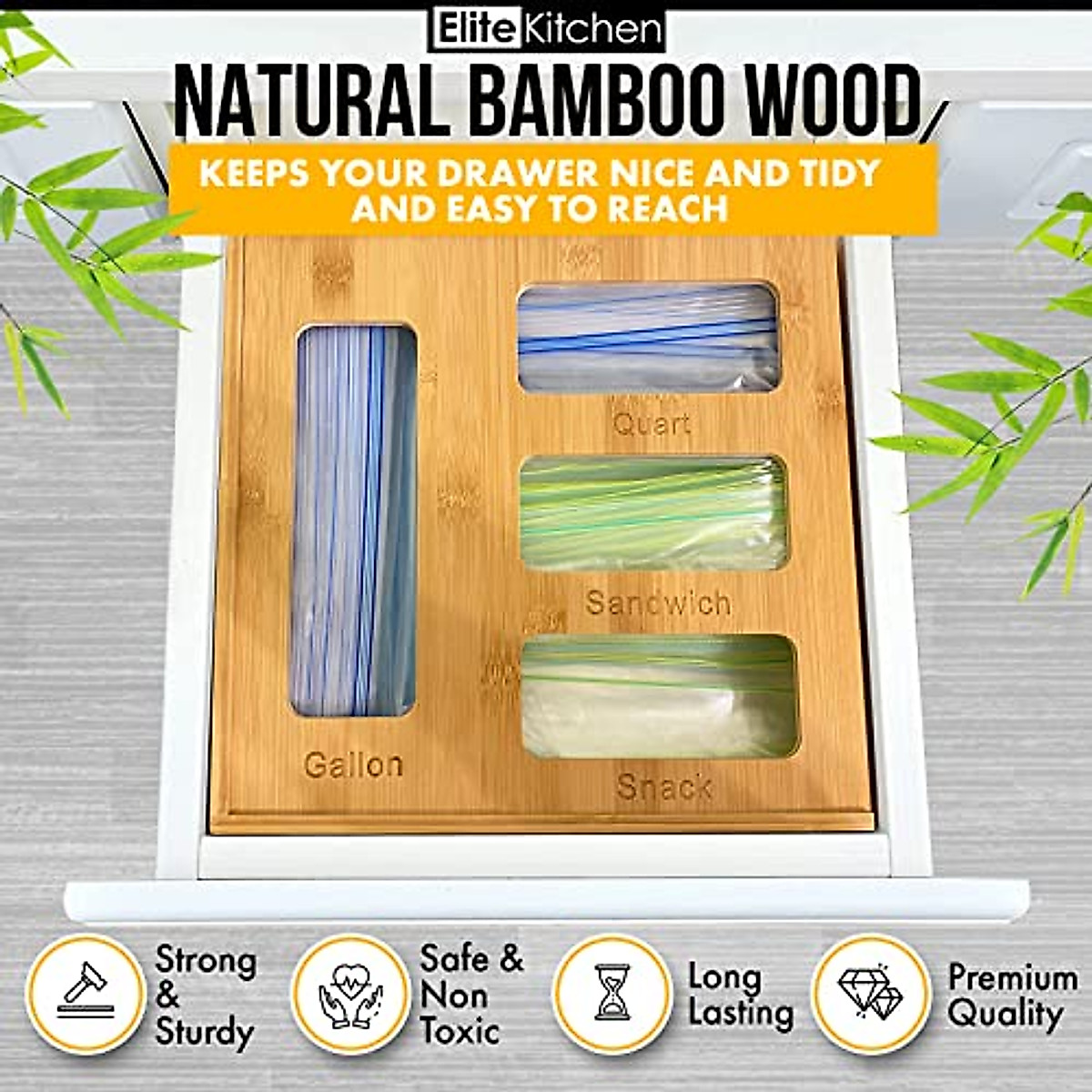 Elite Kitchen Premium High Quality 100% Real Bamboo Sandwich Bag Storage Organizer, Compatible With Gallon , Quart , Snack , & Sandwich Food Storage Bags, Holds Over 230 Plastic Baggies (EK0002)