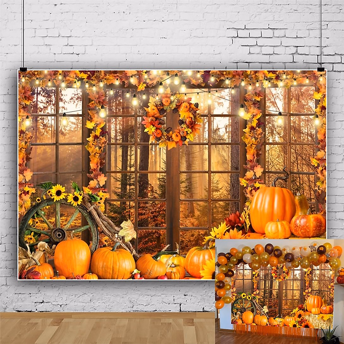 7x5ft Fall Window Photo Backdrop Autumn Forest Scenery Maple Leaves Pumpkin Harvest Photography Background Fall Theme Thanksgiving Day Party Decorations Banner Birthday Baby Shower Decor