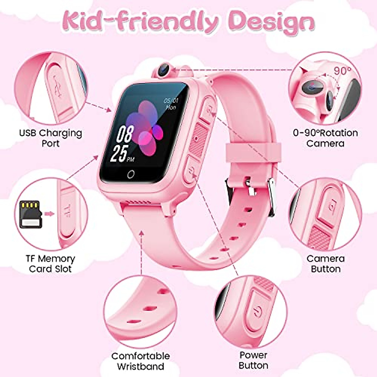 Kids Smart Watches Girls Gifts Age 3-12, Smart Watch for Kids with Camera Video Music Player 14 Games Alarm Calculator Gift Toys 4-8 for Girls Ages 5 6 7 8 9 10 (Pink)