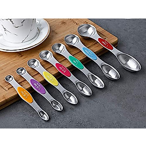 Magnetic Measuring Spoons Set of 7 Stainless Steel Stackable Dual Sided Teaspoon Tablespoon for Measuring Dry and Liquid Ingredients, Fits in Spice Jar
