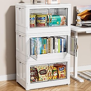 wookon Collapsible Storage Bin with Lid,27Gal/108QT Stackable Storage Bins with Door,Blanket Storage,Clear Storage Bins with Lids,Storage Shelves,Cube Storage Organizer,Bedroom Organization (3 Pack)