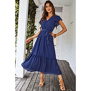 PRETTYGARDEN Women's 2024 Floral Boho Dress Wrap V Neck Short Sleeve Belted Ruffle Hem A-Line Flowy Maxi Dresses (Solid Blue,X-Large)