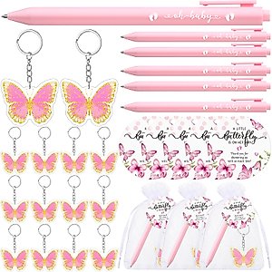 Tondiamo 50 Sets Pink Butterfly Theme Baby Shower Favors for Guest Includes 50 Butterfly Keychain 50 Pen 50 Thank You Cards and 50 Gift Bags for Baby Shower Gender Reveal Party Gifts