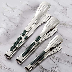 Serving Tongs Kitchen Tongs,Buffet Tongs, Silicone Non-slip Grip Tongs， Food Tong Serving Tong, Bread Serving Clip, Stainless Steel Kitchen Tongs (silver 12in-green handle)