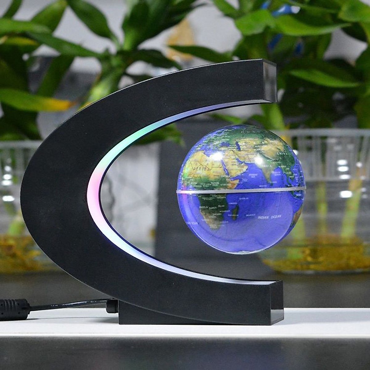 Floating Globe with LED Lights C Shape Magnetic Levitation Floating Globe World Map for Desk Decoration (Blue)