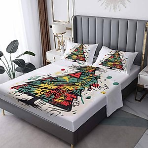 Christmas Tree Sheets Full Size Sheet Sets - Graffiti Bed Sheets, Soft Microfiber & Deep Pocket & Wrinkle Free Patterned Bedding Sheets & Pillowcases, 1 Fitted Sheet, 1 Flat Sheet, 2 Pillow Cases