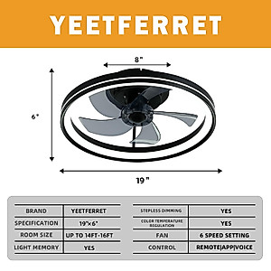 YeetFerret Smart Ceiling Fans with Light Compatible with Alexa and Google Assistant,Bladeless Ceiling Fan with Light Flush Mount 3 Color LED 6 Speeds Low Profile Ceiling Fan