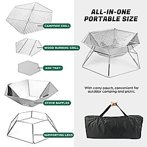 Odoland Collapsible Campfire Grill Camping Fire Pit, 304 Stainless Steel Grill Gate, Heavy Duty Portable Camping Grill Stove with Carrying Bag for Backpacking Hiking Picnic BBQ, Hexagon