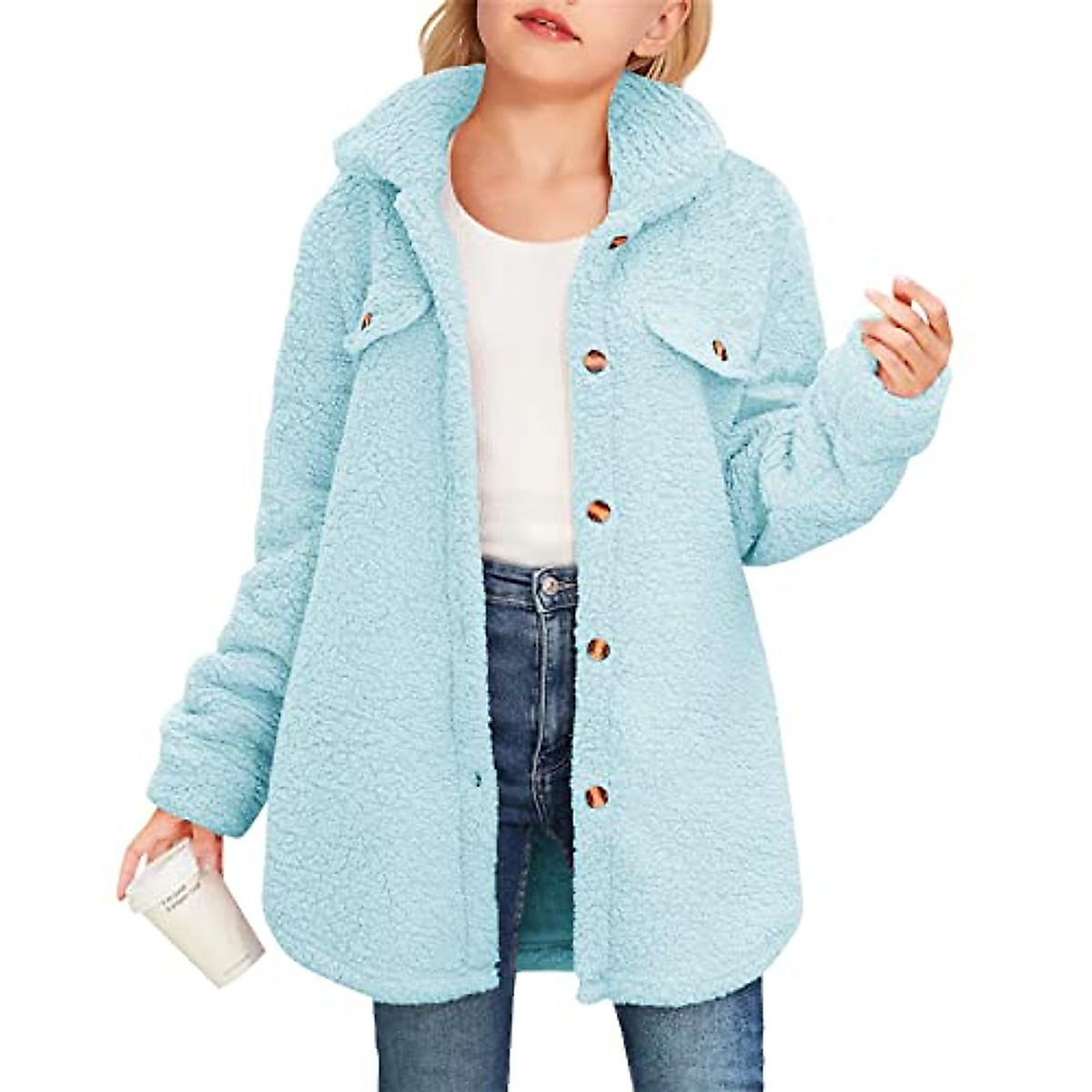 Haloumoning Girls Fuzzy Fleece Jacket Casual Button Down Sherpa Overcoat Faux Fur Jackets Outwear 4-15 Years