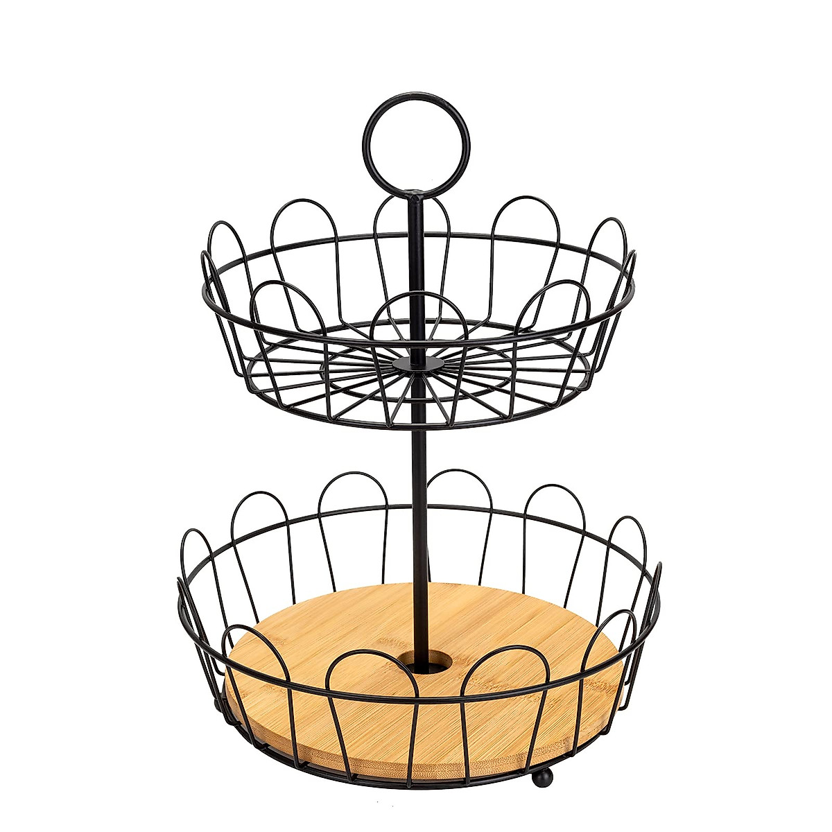 2-Tier Farmhouse Fruit Basket Stand, Wire Fruit Vegetables Countertop Storage Rack, Multifunctional Detachable Bread Snack Holder Bowl for Kitchen and Bathroom Organization - Black
