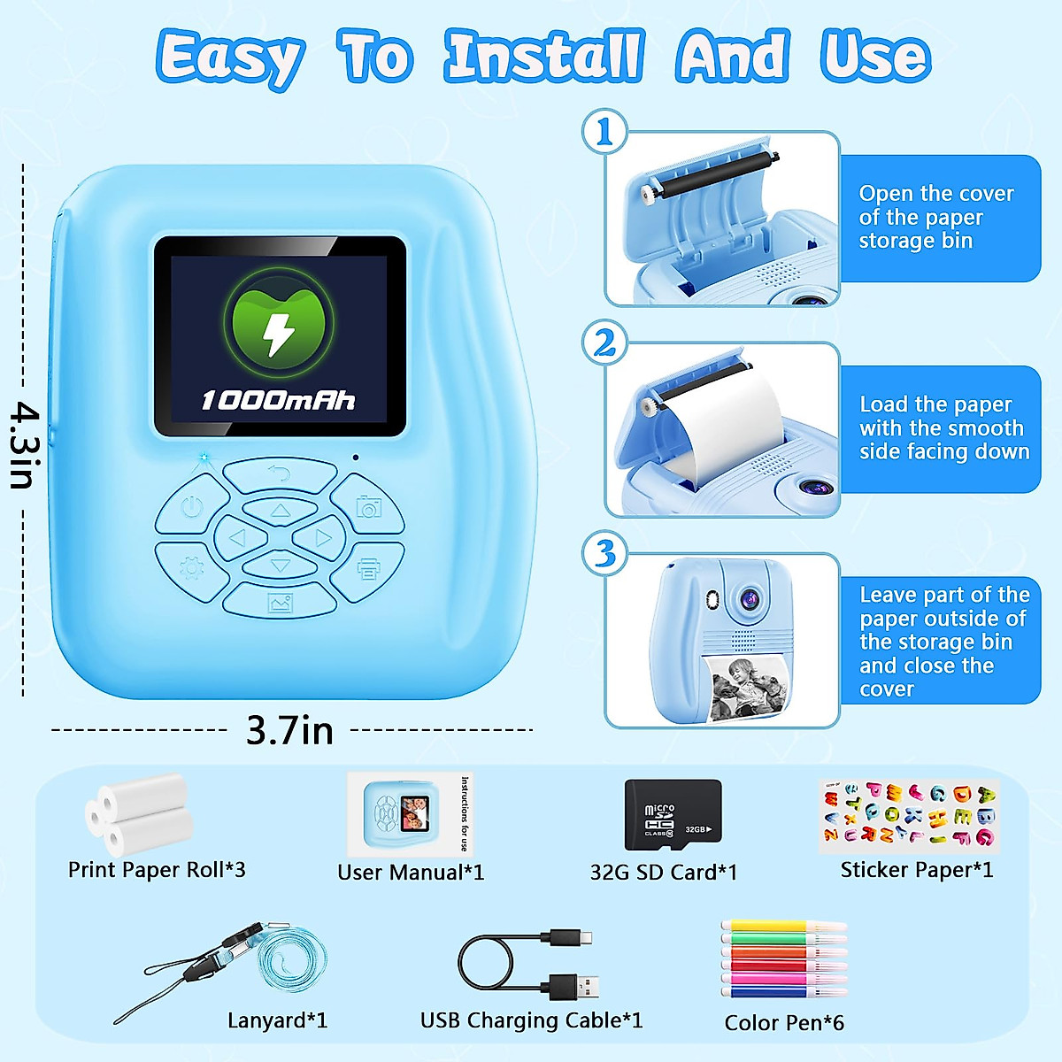 WEOLULI Kids Camera Instant Print, Birthday Gifts for 3 4 5 6 7 8 9 Year Old Girls Boys,Digital Camera for Toddler,Toys for Kids Age 4-8 with 3 Rolls Print Paper,32GB Card(Blue)