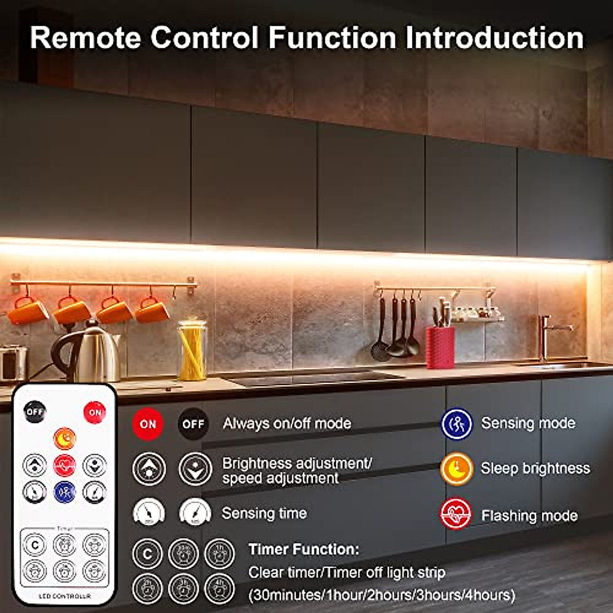 LAFULIT 10 PCS Under Cabinet Lights Kit, Motion Sensor LED Strip Lights with Remote, Dimmable and Timer Warm White Counter Lights for Kitchen Cabinets, Cupboards, Closets, Stairs, Shelf, Desk, and Bed